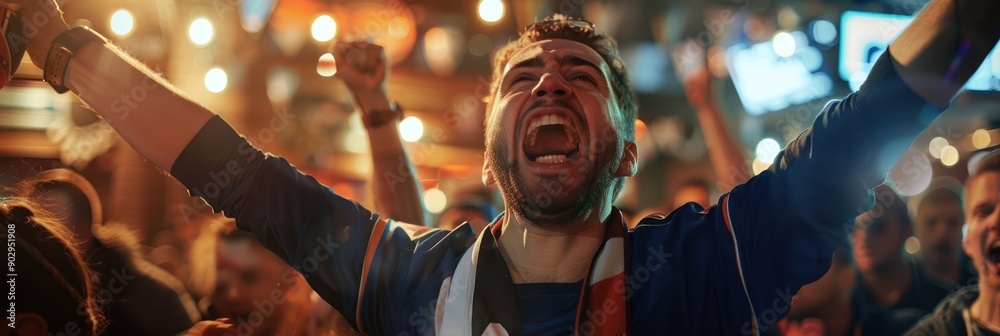 Passionate crowd cheers for team in sports bar. Group of people raise ...