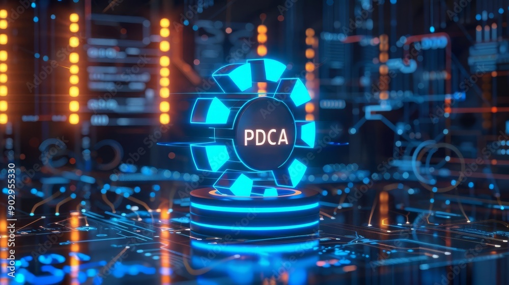 A high-tech 3D representation of the PDCA Plan, Do, Check, Act cycle ...