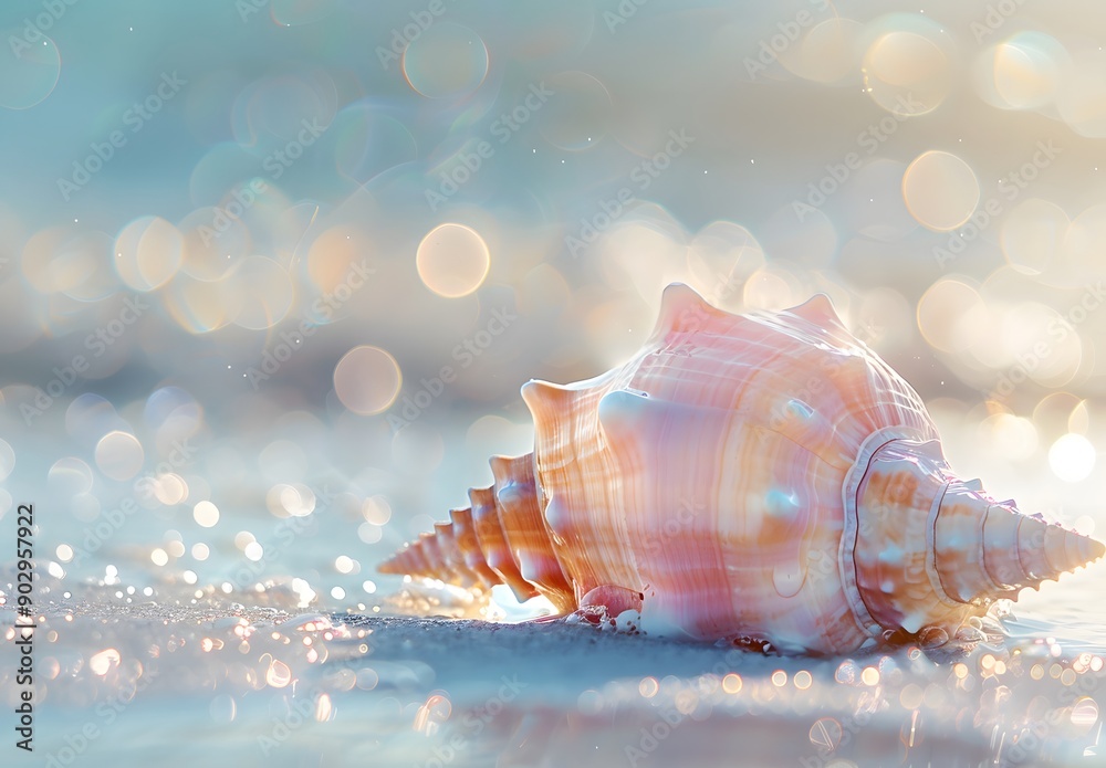 Beautiful pink conch shell on the beach, close up, pastel colors, light ...
