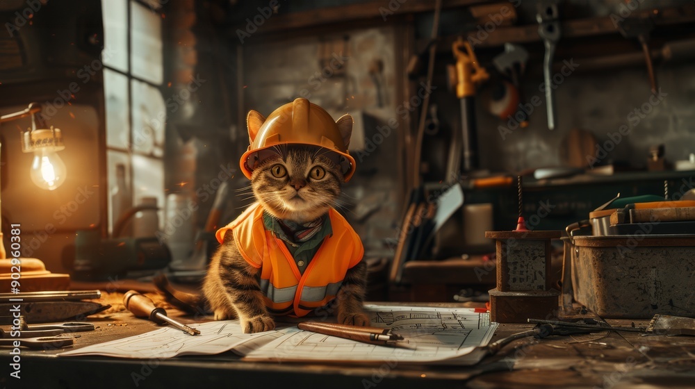 A charming cat dressed as a construction worker, wearing a hard hat and ...