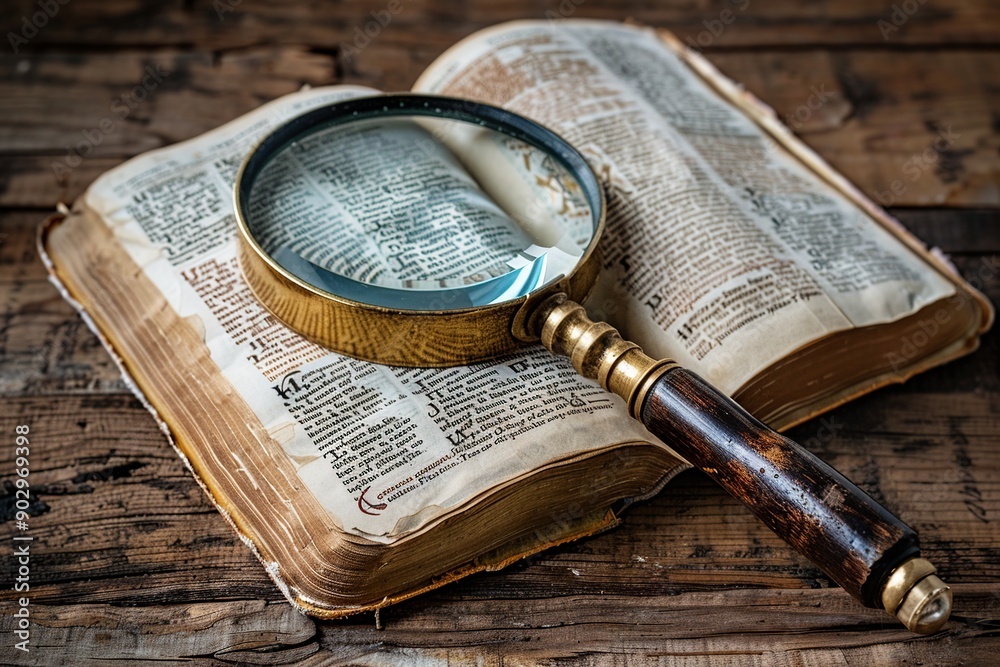 This detailed photograph features a crystal clear magnifying glass ...