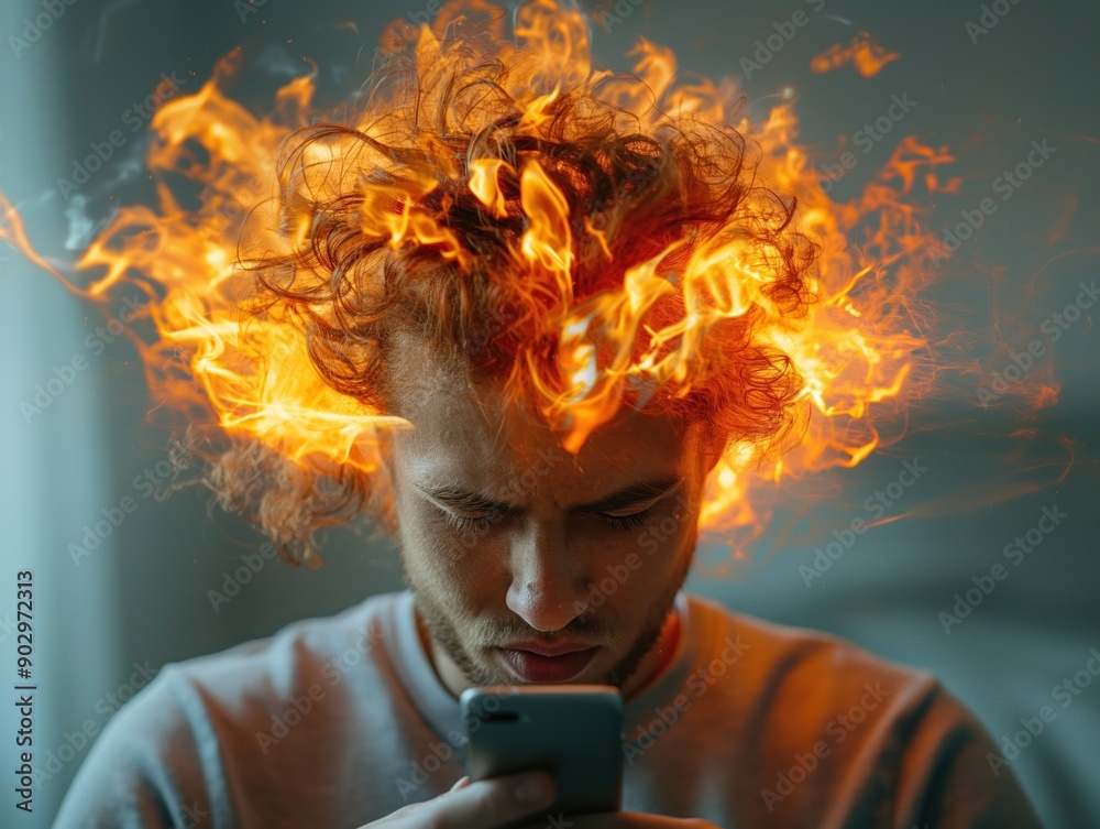 Homem com cabeça pegando fogo em uma imagem que fala de estresse, raiva ...