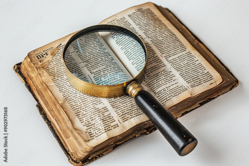 This detailed photograph features a crystal clear magnifying glass ...
