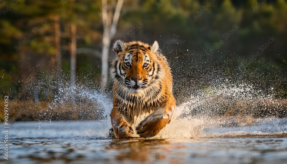 Siberian tiger, Panthera tigris altaica, low angle photo in direct view ...