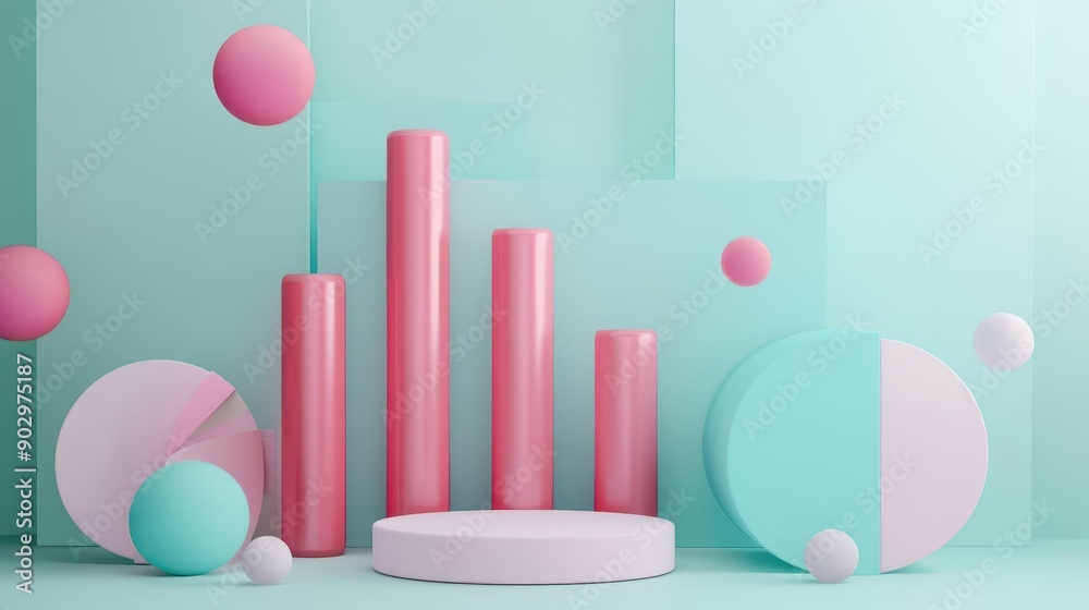Creative business presentation with 3D graphics, right-aligned, pastel background, high ...