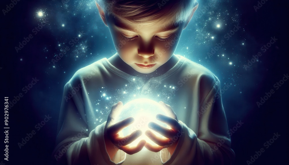 A young boy carefully cradles a luminous orb, his expression filled ...