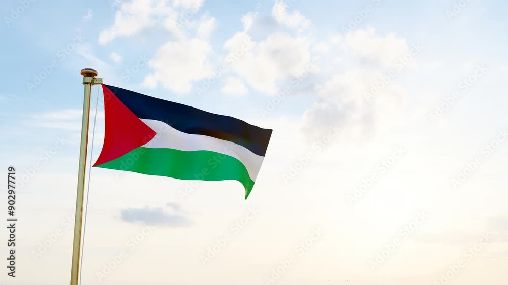 Flag of Palestine waving in the wind, sky and sun background. Palestine ...