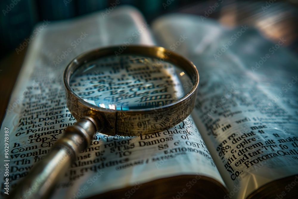 This detailed photograph features a crystal clear magnifying glass ...