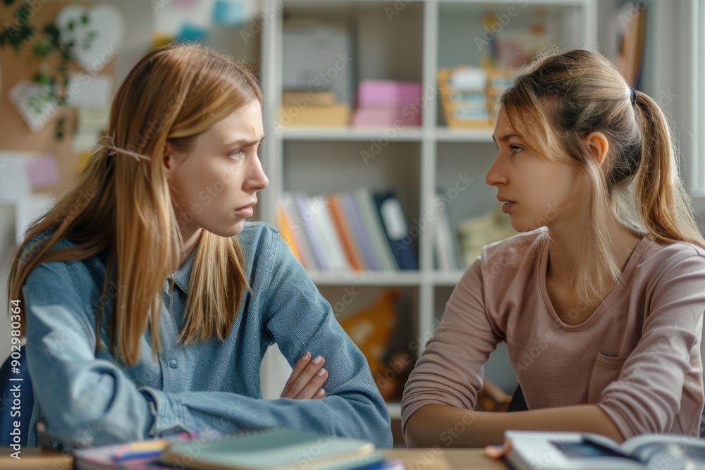 Angry mother scolding teen daughter for bad school results at home, mom ...