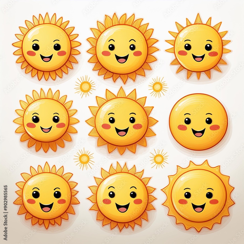 Cute Sun vector illustration set. Sun with different rays and emotions ...
