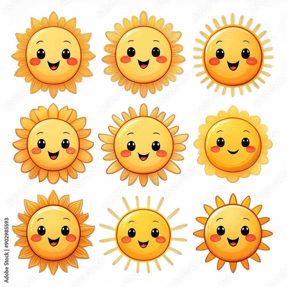 Cute Sun vector illustration set. Sun with different rays and emotions ...