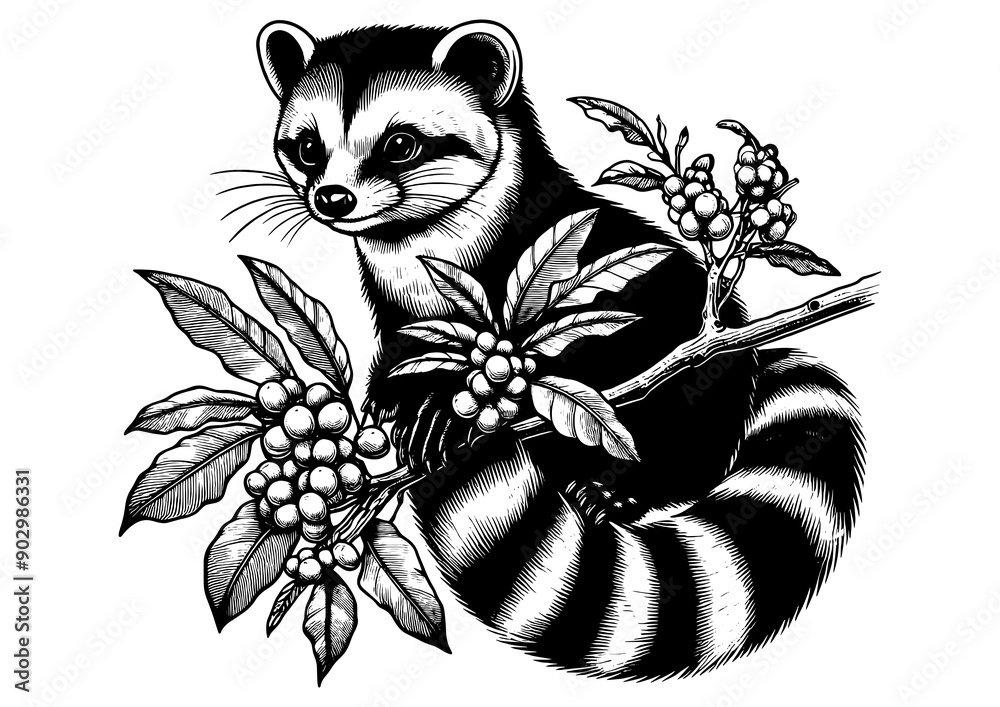 musang Asian palm civet sit on coffee tree branch with coffee cup Kopi ...