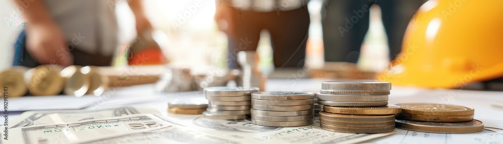 Coins and banknotes on a construction site table, representing ...