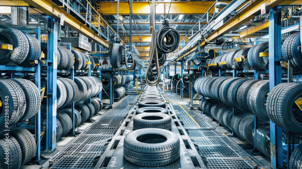 Stacks of tires line the walls of a tire production plant, waiting to ...