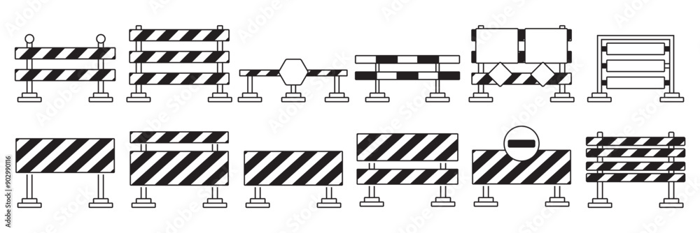 Icon set of road closure signs, road dividers and road repair safety ...