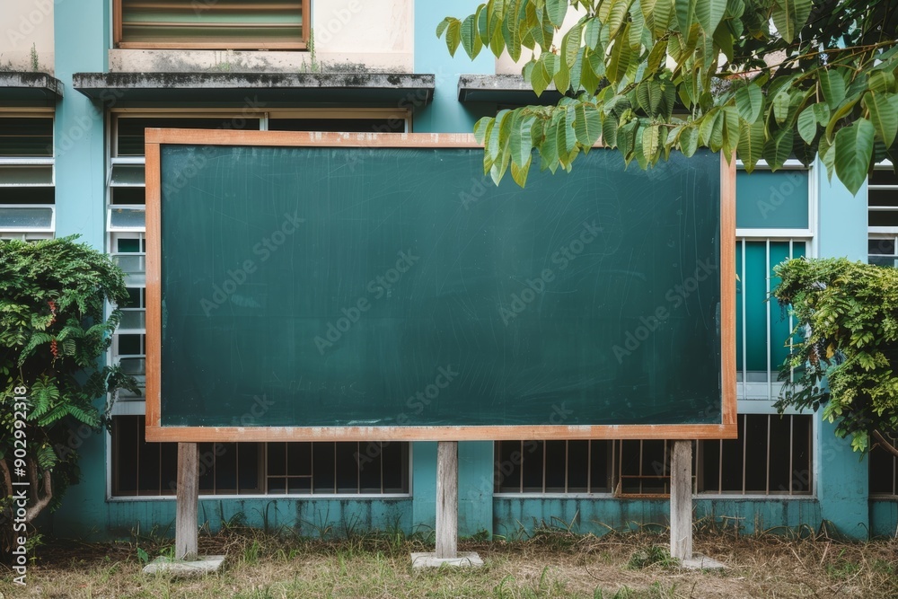 Blank signboard mockup on a school campus bulletin board, display your educational institutions ...