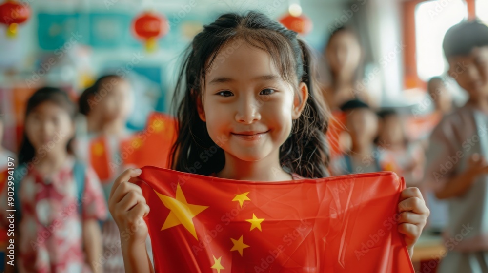A cheerful young girl holds a Chinese flag proudly in a vibrant ...