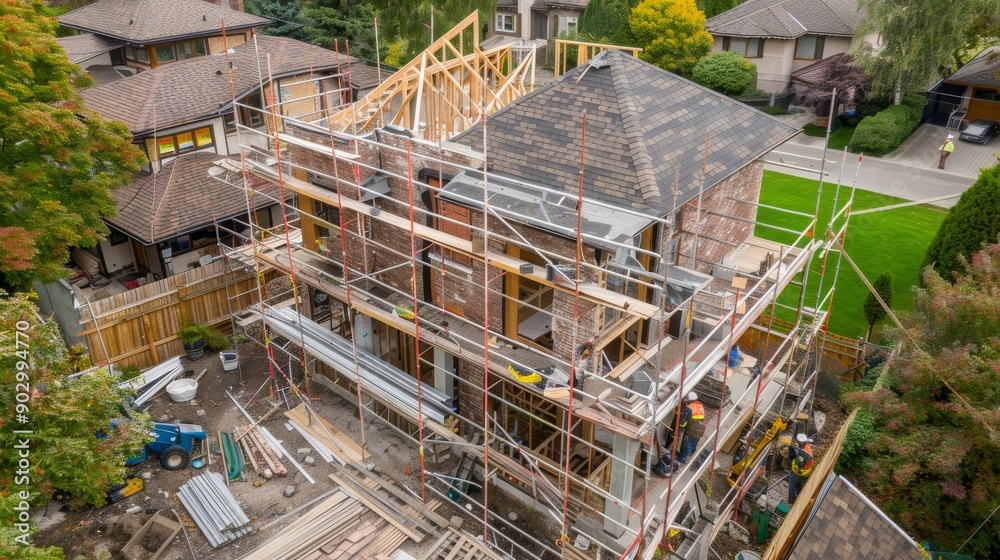 Exterior renovation work progresses on a home, showcasing scaffolding ...