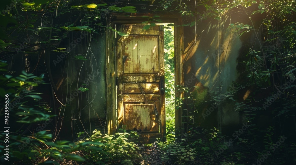 An old wooden door stands ajar, revealing a lush overgrown forest ...