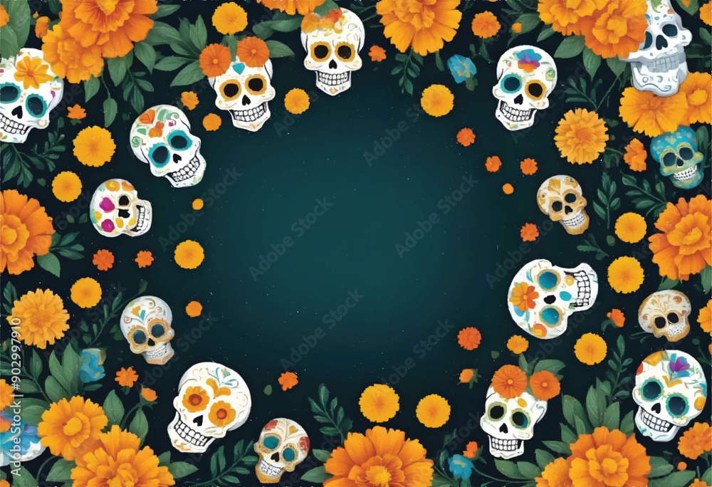 a frame border design of day of the dead skulls and marigold flowers ...