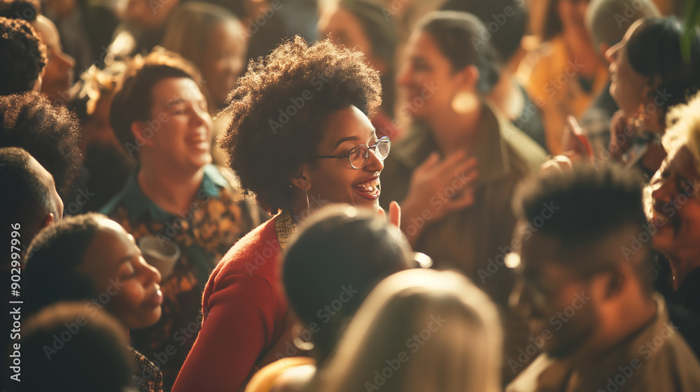 Small groups within the larger gathering, colleagues leaning in to ...