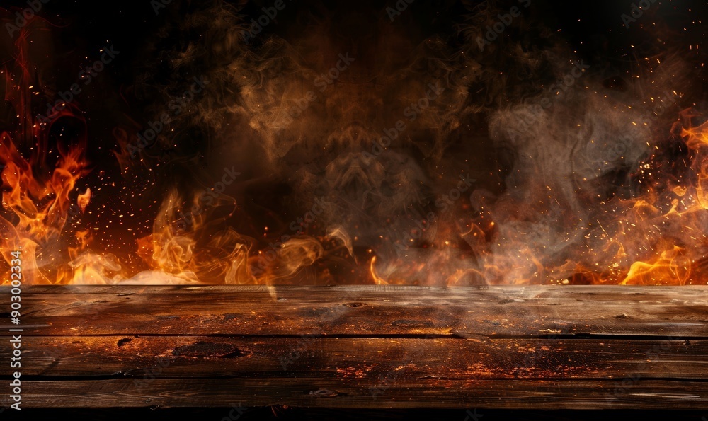 Blank wooden table with fire burning at the edge of the table, fire ...