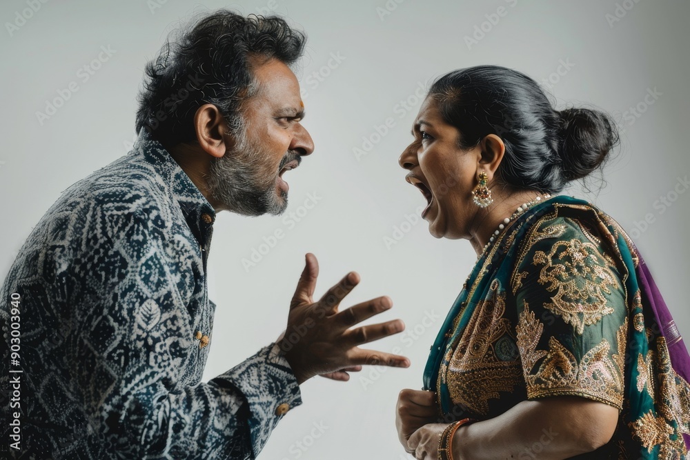 Married indian couple having quarrel, yelling at each other and ...