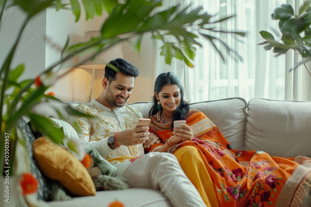 Happy indian spouses using mobile phone while relaxing on sofa ...