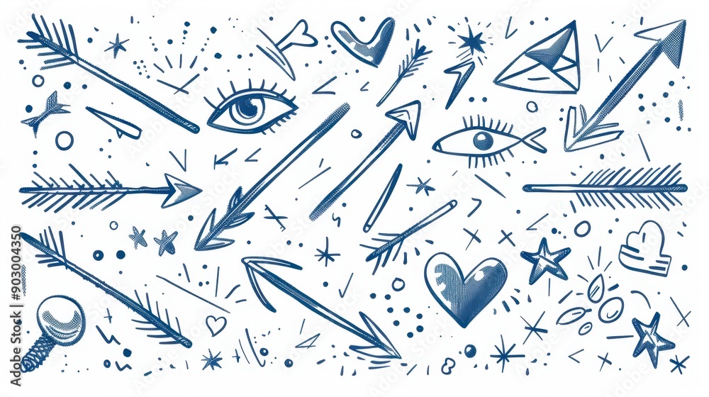 Cute and expressive hand-drawn doodles including arrows, sparkles, and ...