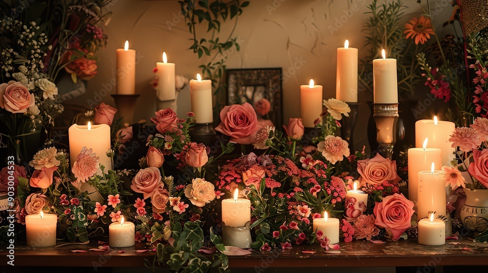 elegantly decorated altar with an array of candles, surrounded by ...