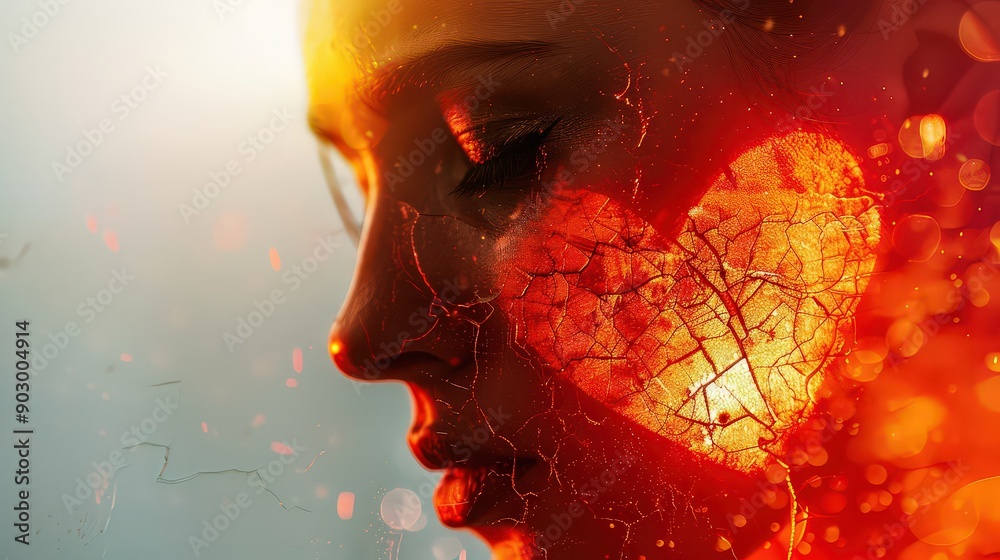 conceptual digital artwork depicting a woman’s face with a glowing ...