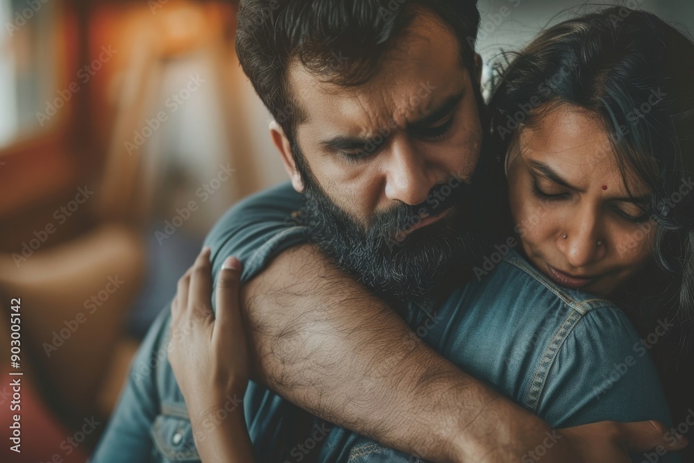 Loving indian man hugging, comforting and supporting his wife feeling ...