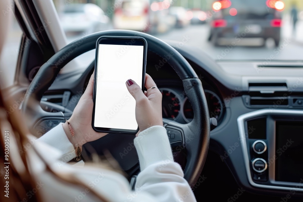 No cell phone use while driving car. Young lady holding cellphone and ...