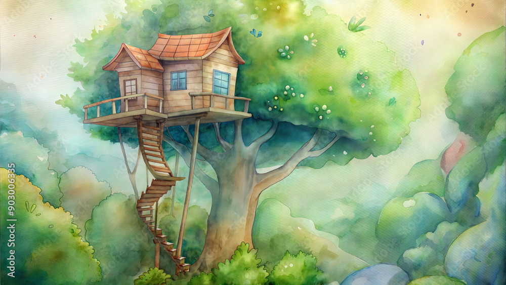 Watercolor treehouse shown in lush green forest. House is small wooden ...