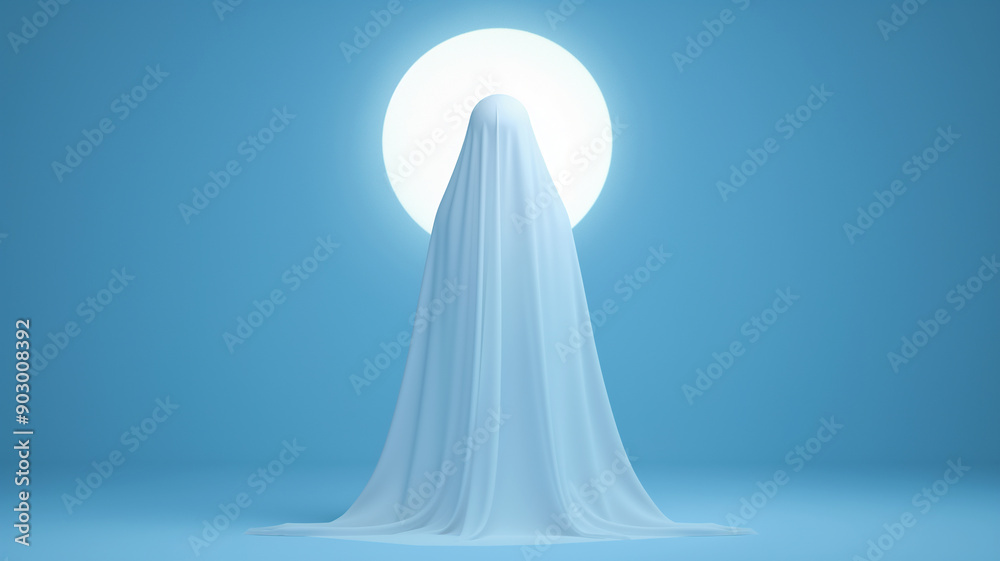 A ghostly figure draped in white stands against a radiant full moon ...