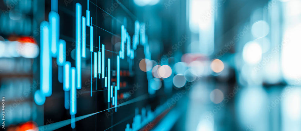 An advanced stock market display featuring blue candlestick charts ...