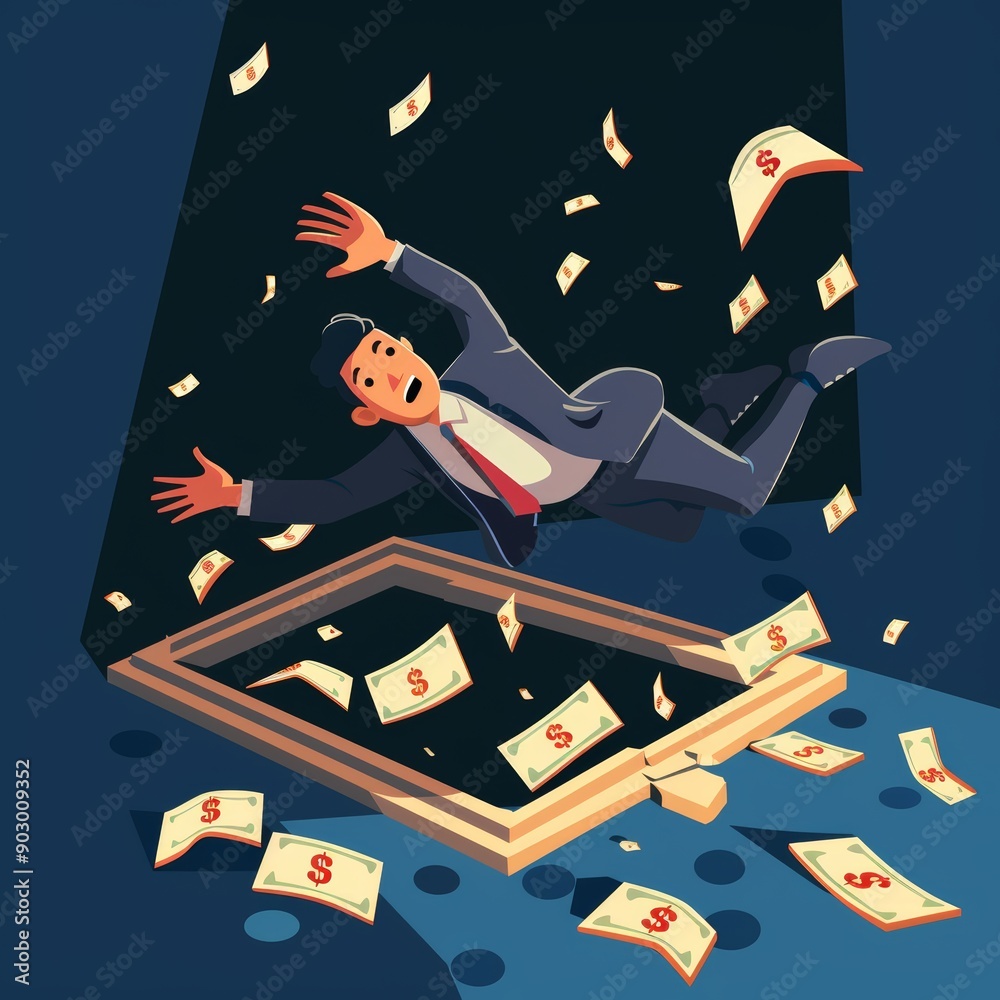 Investor falling into a trapdoor of bad investments, depicting ...