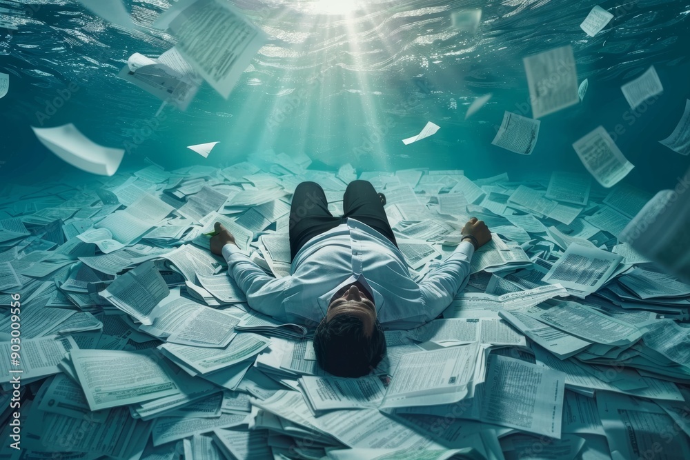 Man drowning in a sea of bills and invoices, representing financial ...