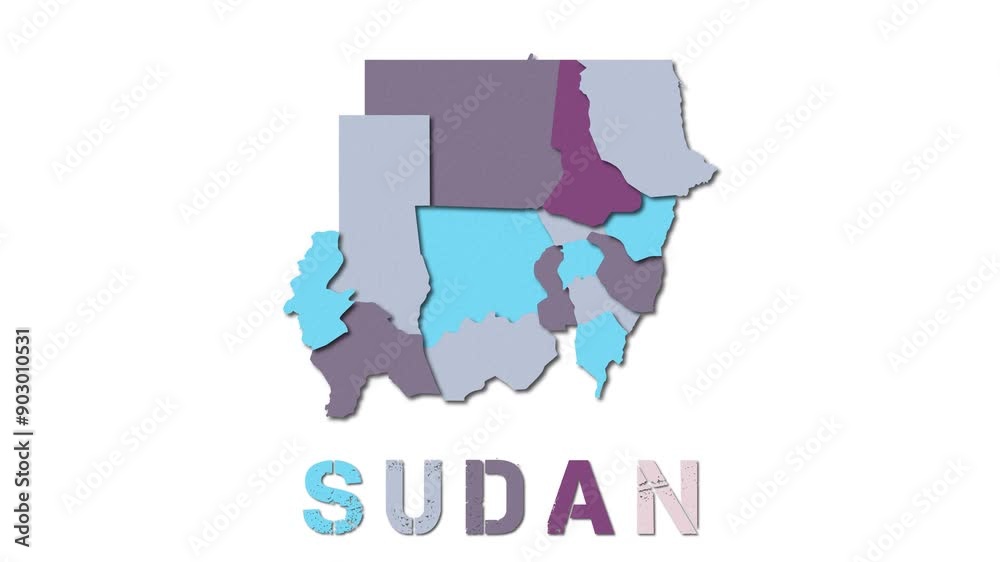 Sudan map with paper regions. Animated country map growing from regions ...