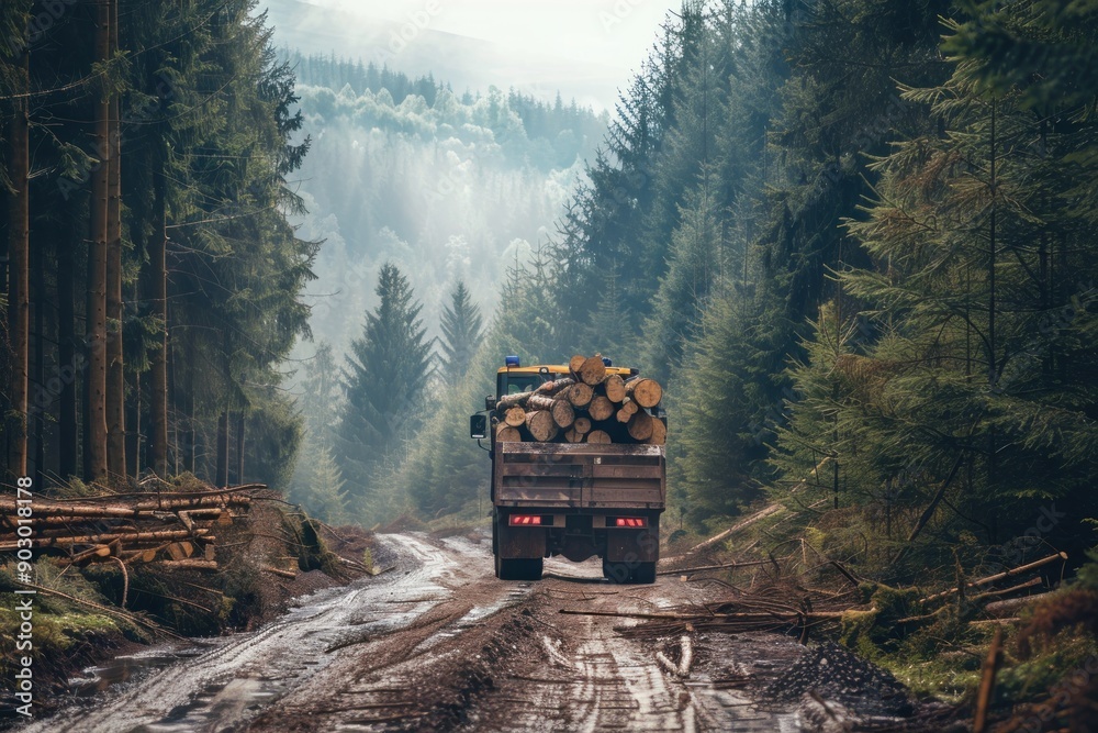 Logging Truck Transporting Harvested Trees in a Dense, Partially Cut ...