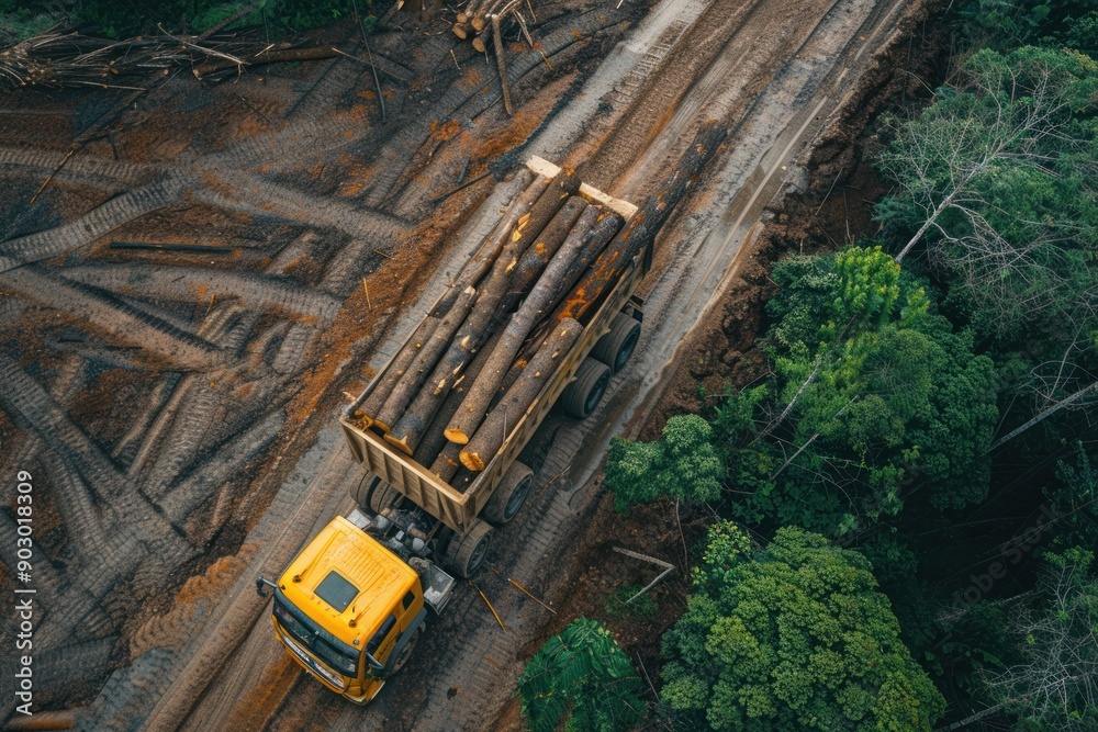 Logging Truck Transporting Harvested Trees in a Dense, Partially Cut ...