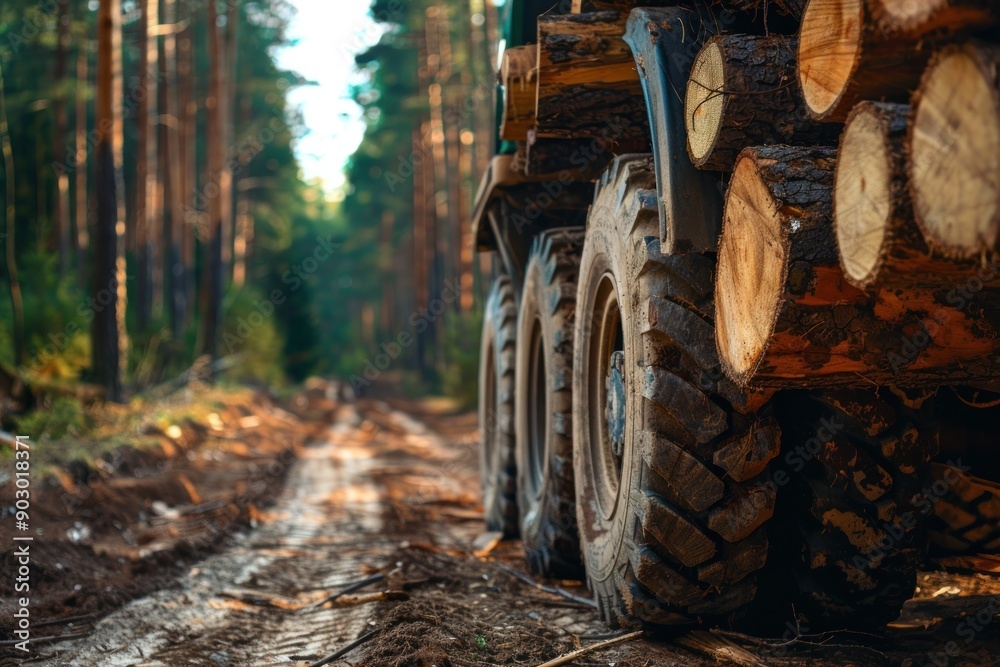 Logging Truck Transporting Harvested Trees in a Dense, Partially Cut ...
