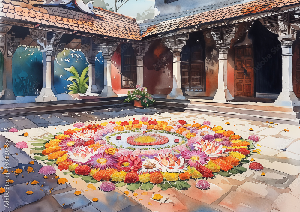 Watercolor illustration of a beautiful Pookalam, an intricate flower ...