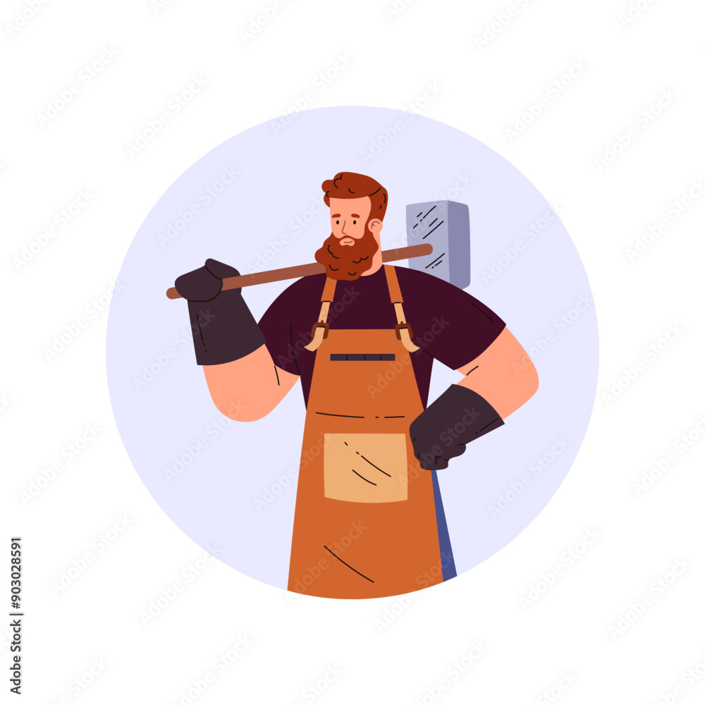 Blacksmith man with big hammer tool, vector cartoon professional ...