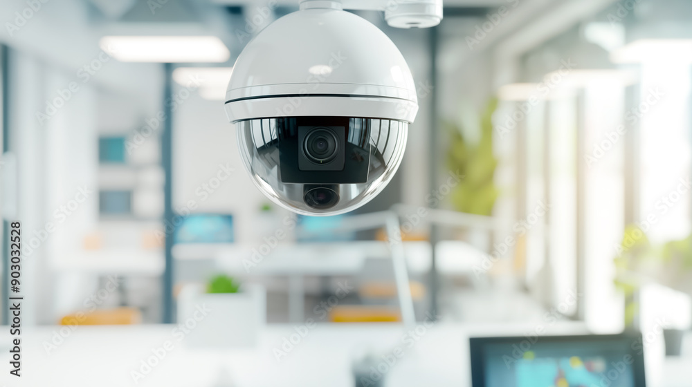 High-tech ceiling-mounted security CCTV camera overseeing a ...