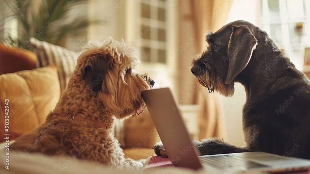 Back view of dog talking to dog friends in video conference Group of ...