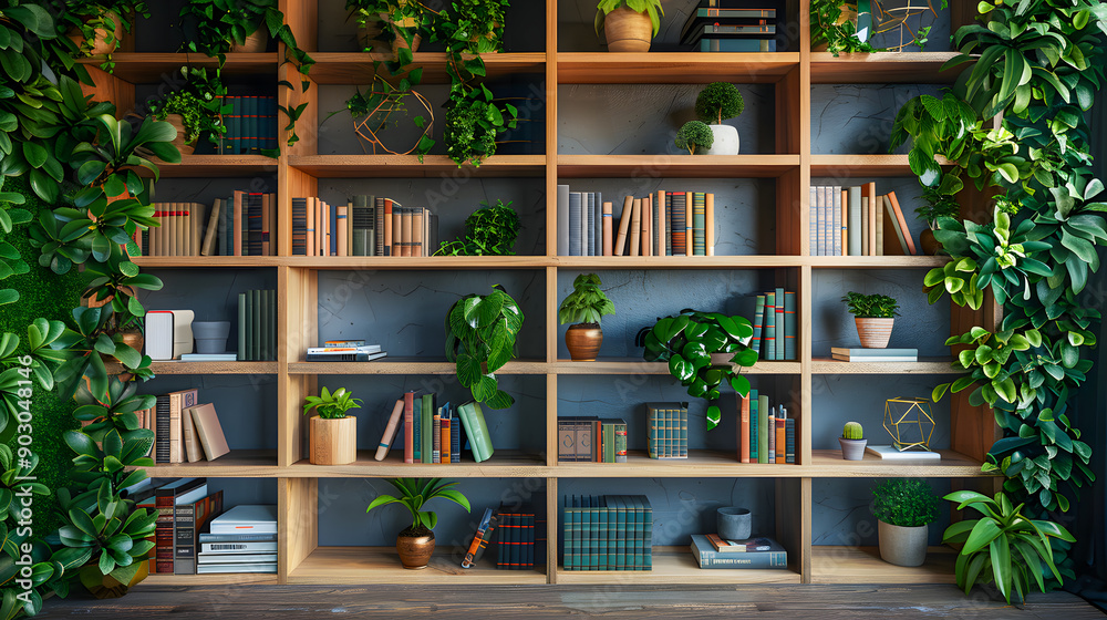 A contemporary-style bookshelf adorned with plants that serves as a ...