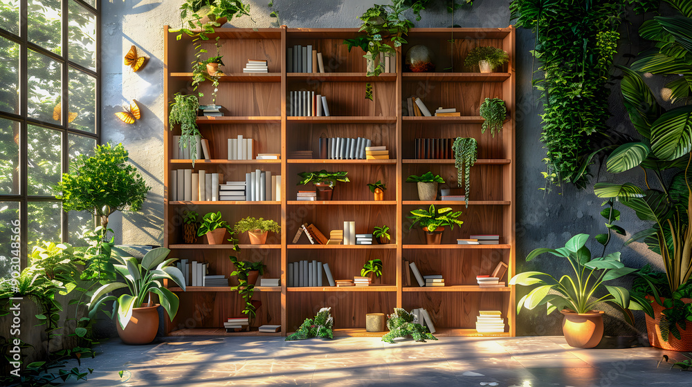 A contemporary-style bookshelf adorned with plants that serves as a ...