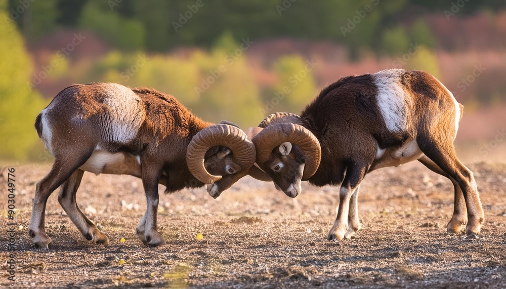Two european mouflon rams lock horns in a display of dominance on a ...