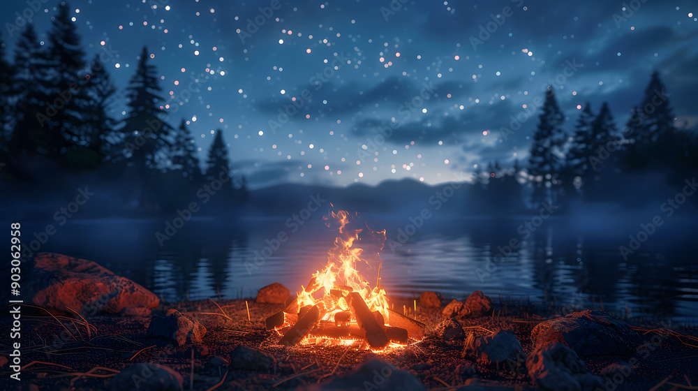 A warm and cosy campfire in the wilderness with forest trees ...